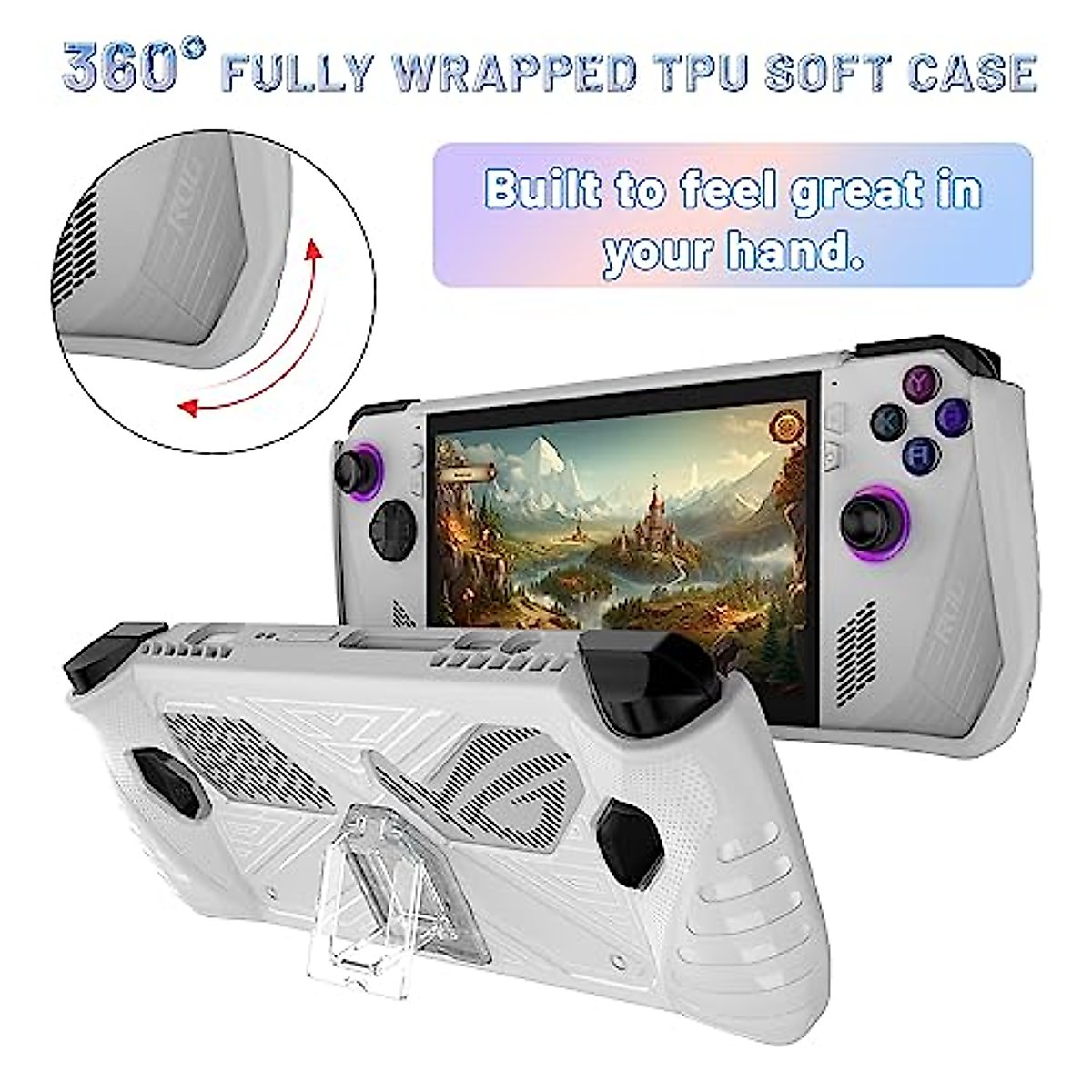 PAKESI Protection Case for ASUS ROG Ally - Rugged TPU with Built-in Stand for Game Handheld Console - Anti-Drop Shockproof Shell (White)