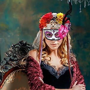 Lyrow 2 Pcs Halloween Flower Accessories Day of The Dead Accessories Mexican Floral Headband and Halloween Masquerade Eye Mask Halloween Rose Flower Headband Halloween Costumes for Women Girls