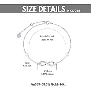 14k White Gold Natural Diamond Infinity Anklets for Women, Real Gold Pearl Jewelry Ankle Bracelet Gifts for Her, 9.4-11 Inch