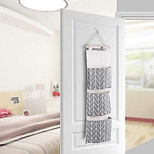 Oumefar 3 Pockets Hanging Pouch Cotton Linen Wall Hanging Storage Bags Door Pouch Bedroom Home Office Organizer 20x67cm(Gray)