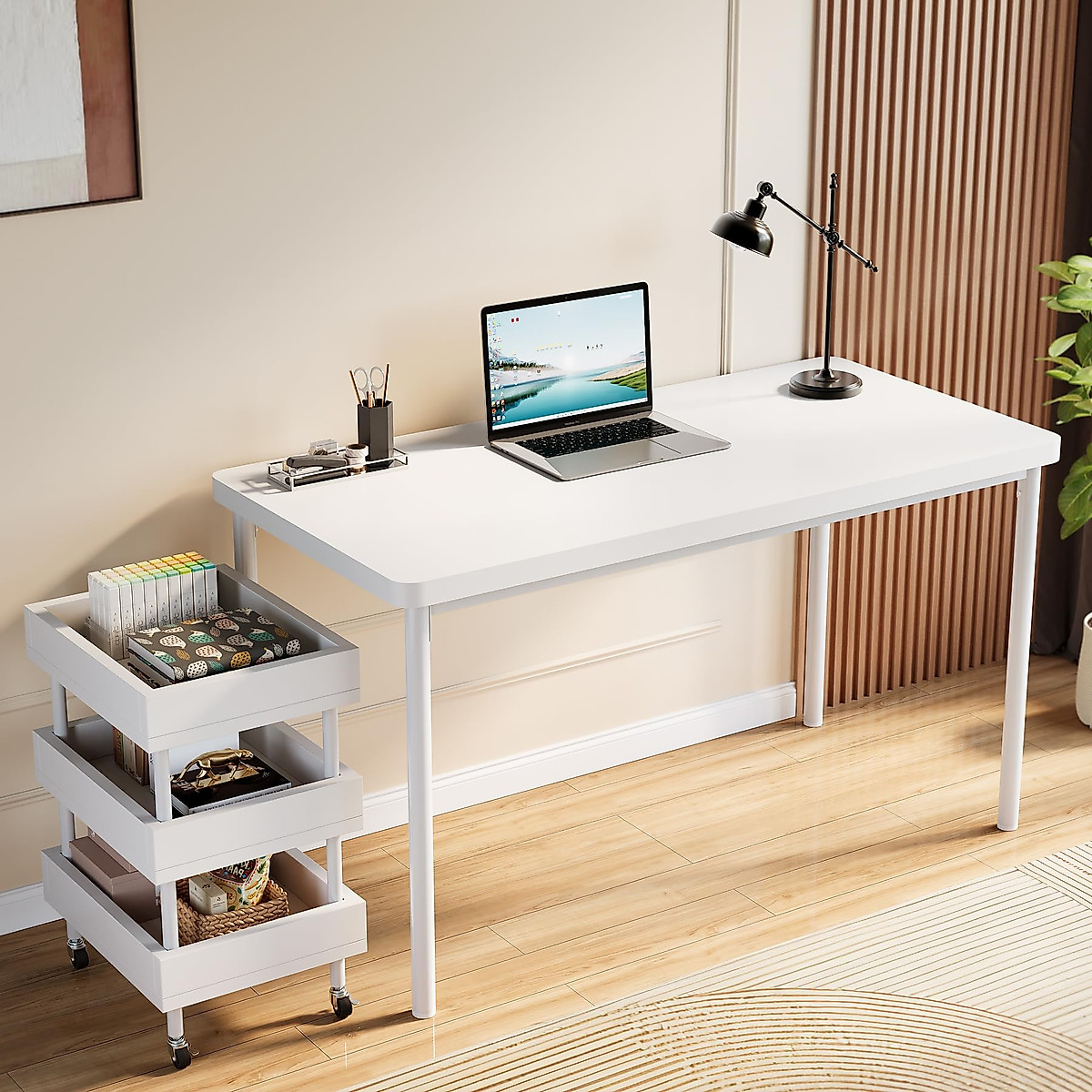 Tribesigns 47-Inch Computer Writing Desk, Simple White Home Office Desks with 3-Tier Wood Storage Cart, Modern Study Table Work Desk Workstation for Bedroom, Small Spaces