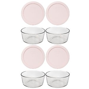 Pyrex (4 7201 4 Cup Glass Dishes & (4) 7201-PC 4 Cup Loring Pink Lids Made in the USA