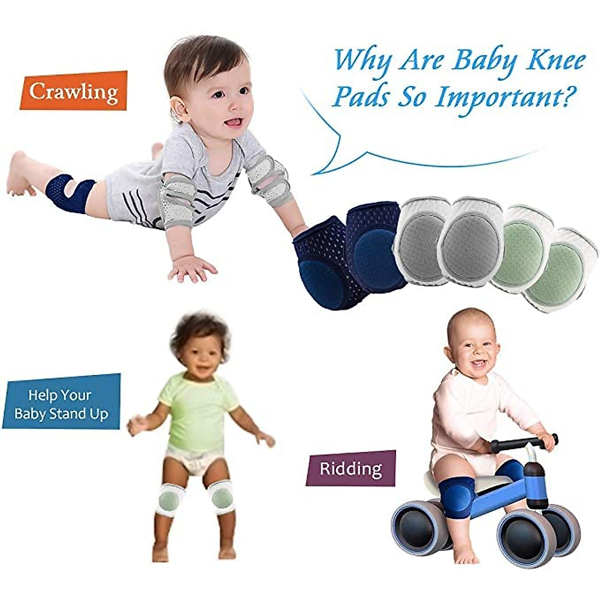 CB Baby Knee Pads for Crawling, Crawling knee pads for babies,Adjustable Anti Slip Breathable for Crawling Toddling（3 Pairs）