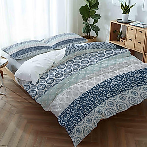 Duvet Cover Set California King Size Boho Comforter Sets 3 Pieces, Bohemian Geometric Stripes Teal Grey Bedding Set with Zipper Closure and 2 Pillow Cases, Soft Lightweight Bed Covers Bedroom Decor