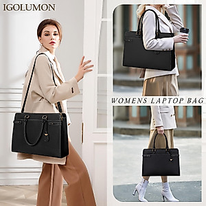 IGOLUMON Laptop Bag for Women 15.6 Inch Leather Tote Bag Professional Work Bag Waterproof Computer Briefcase Large Capacity Handbag Shoulder, Black