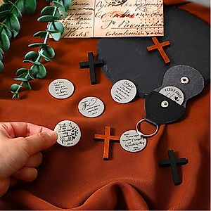 6 Pieces Inspirational Gift Hug Tokens Keepsake Christian Bible Verses Quotes Stainless Steel Coin Double Sided Silver Tokens Black PU Leather Key Chains for Family Pastor Clergy Appreciation Day