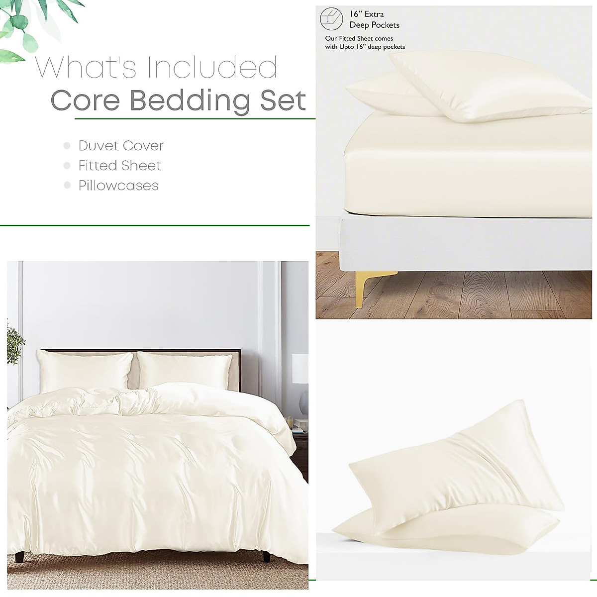 Linenwalas Tencel Lyocell Duvet Cover Set with Deep Pocket Fitted Sheet, Viscose Made from Eucalyptus Soft, Lightweight and Breathable Complete Bedding Set (Ivory, Queen)