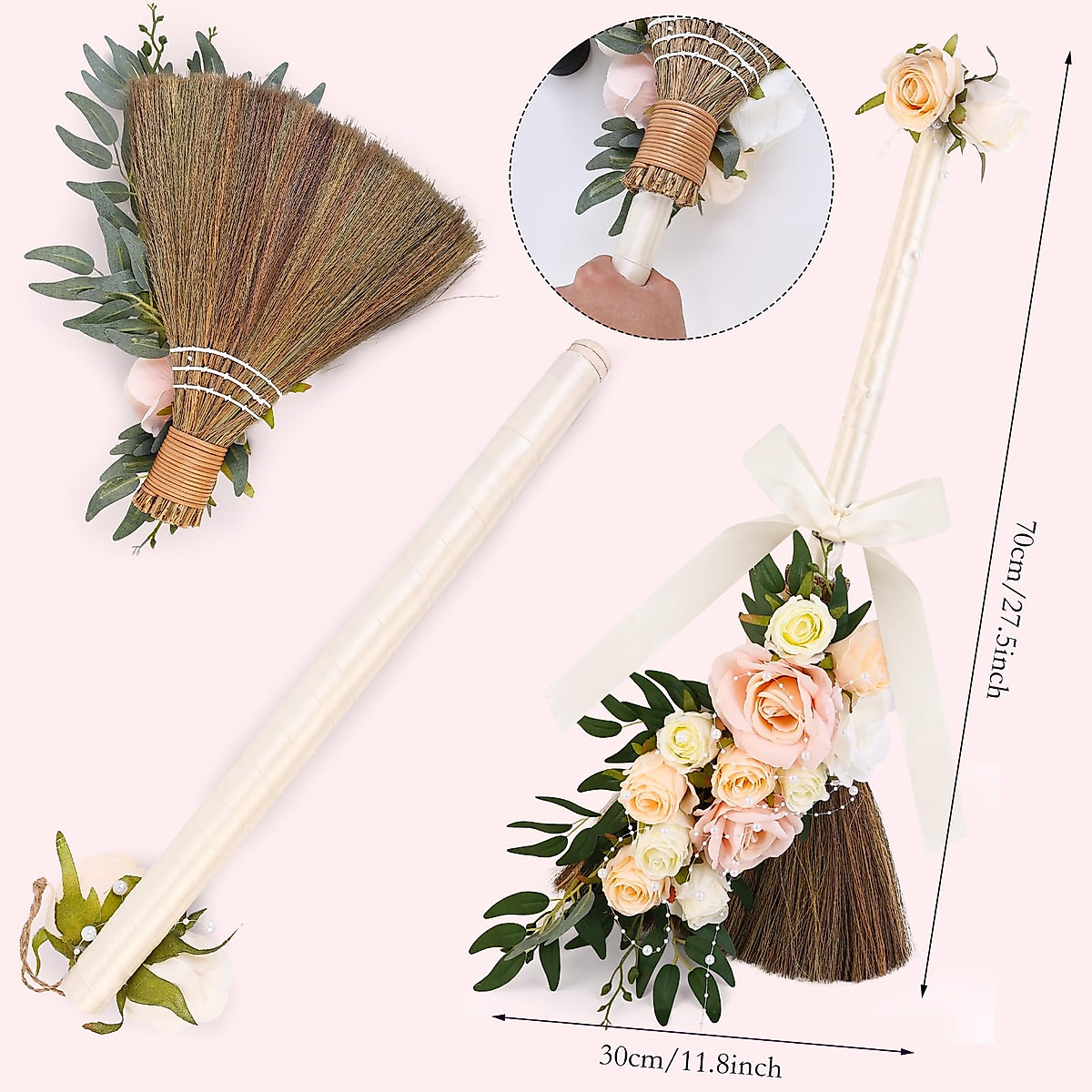 LORDLDS Wedding Broom DIY Jumping Broom for Wedding Ceremony 28 inch Tall Whisk Broom with Artificial Roses/Green Leaves/Ribbons/Pearl