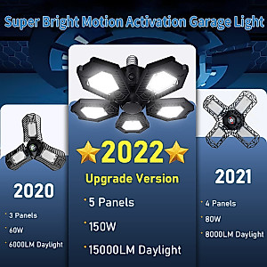 Led Garage Lights, Motion Sensor Garage Light 2 Pack, UL Listed 150W 15000LM Garage Lights Ceiling Led, Ultra Bright Motion Activated Garage Light with 5 Adjustable Panels for Attic, Basement