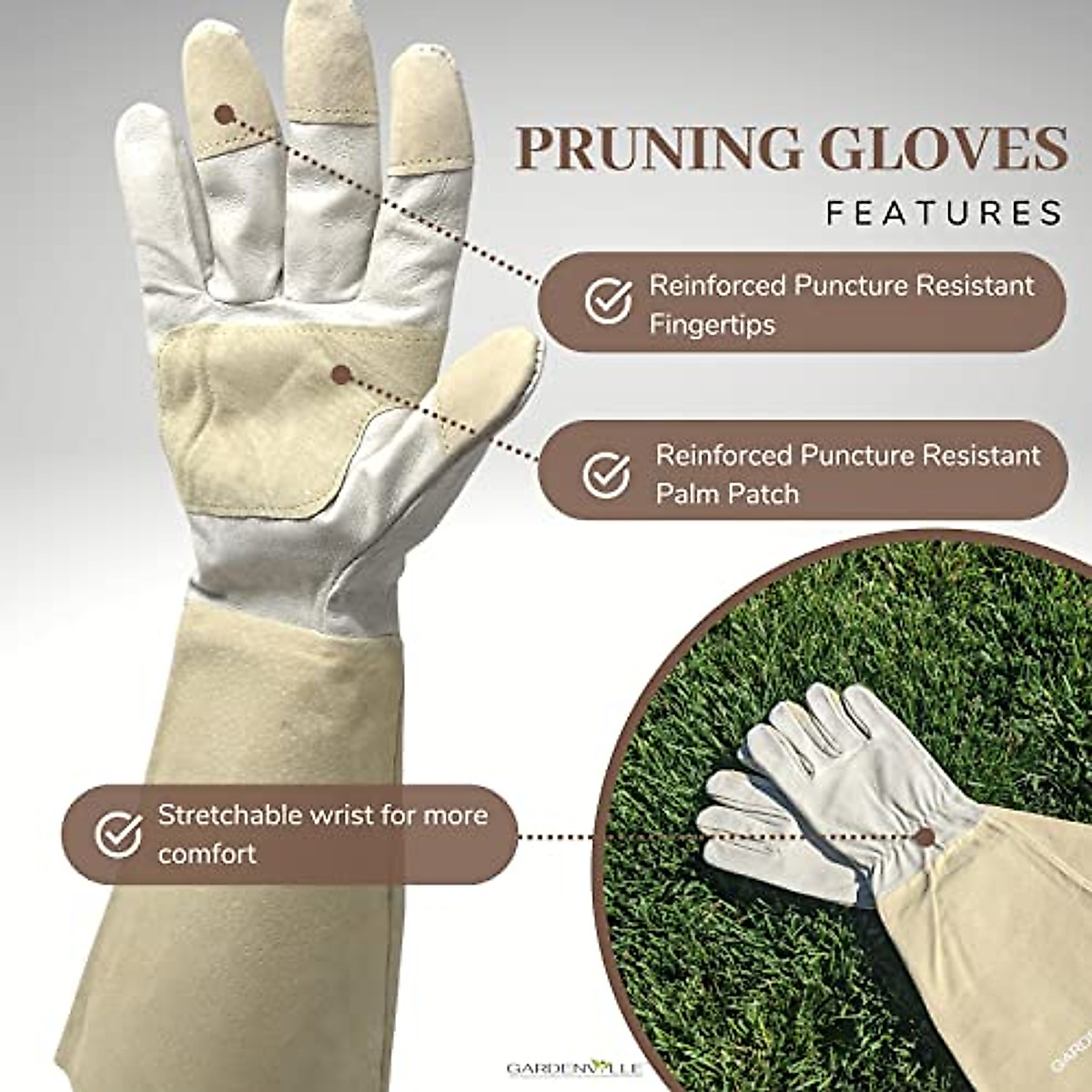 Leather Pruning Gloves (Large, Beige)