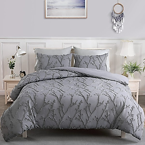 Queen Size Duvet Cover Set - 3-Piece Shabby Chic Branches Tufted Embroidery Duvet Cover Set for All Seasons, Grey, 90 x 90 Inch