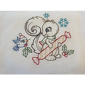 Christmas embroidered flour sack tea towel, Christmas fox, vintage pattern, 1 in set of 7 designs, machine embroidery