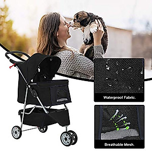 BestPet 3 Wheels Pet Stroller Dog Cat Cage Jogger Stroller for Medium Small Dogs Cats Travel Folding Carrier Waterproof Puppy Stroller with Cup Holder & Removable Liner,Black