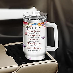 99WHALE Insulated Handle Steel Floral Yellow Stainless Quartz Coffee Hot Modern Rose Red Camelia, Christian Gifts, Tumbler 40 Oz With Handle Lid And Straw, Butterfly Blessed Faith