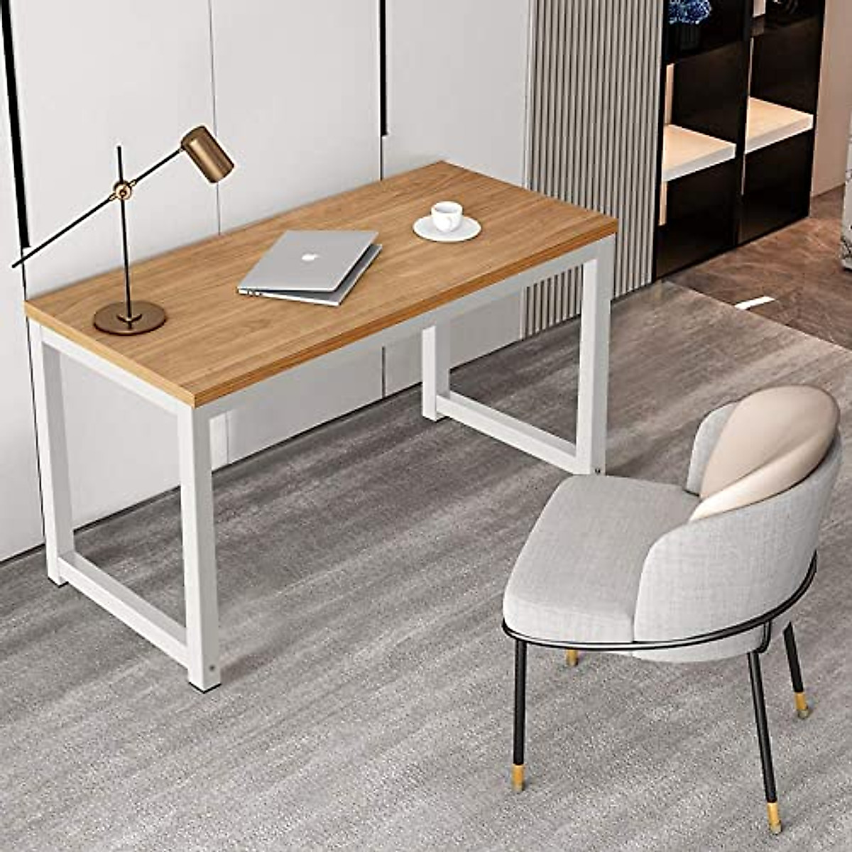 Coral Flower Modern Studio Collection Soho Computer Office Desk Simple Study Table Sturdy Writing Desk Workstation for Home Office, 47 Inch, Walnut with White Metal Frame