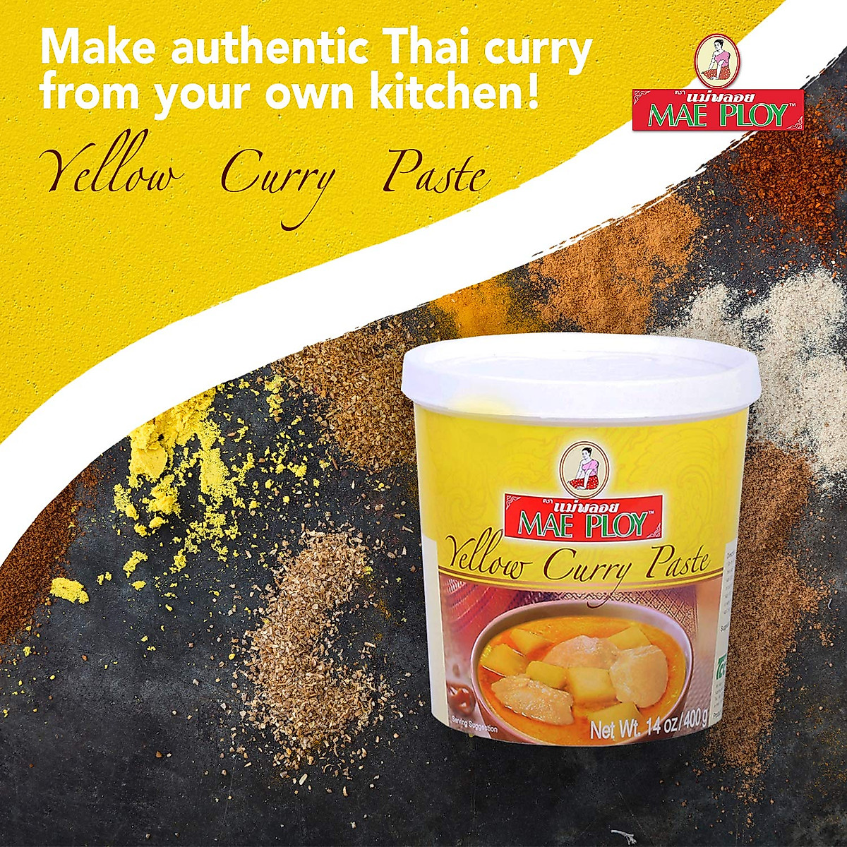 Mae Ploy Thai Yellow Curry Paste for Restaurant-Quality Curries, Aromatic Blend of Herbs, Spices & Shrimp Paste, No MSG, Preservatives or Artificial Coloring (14oz Tub)