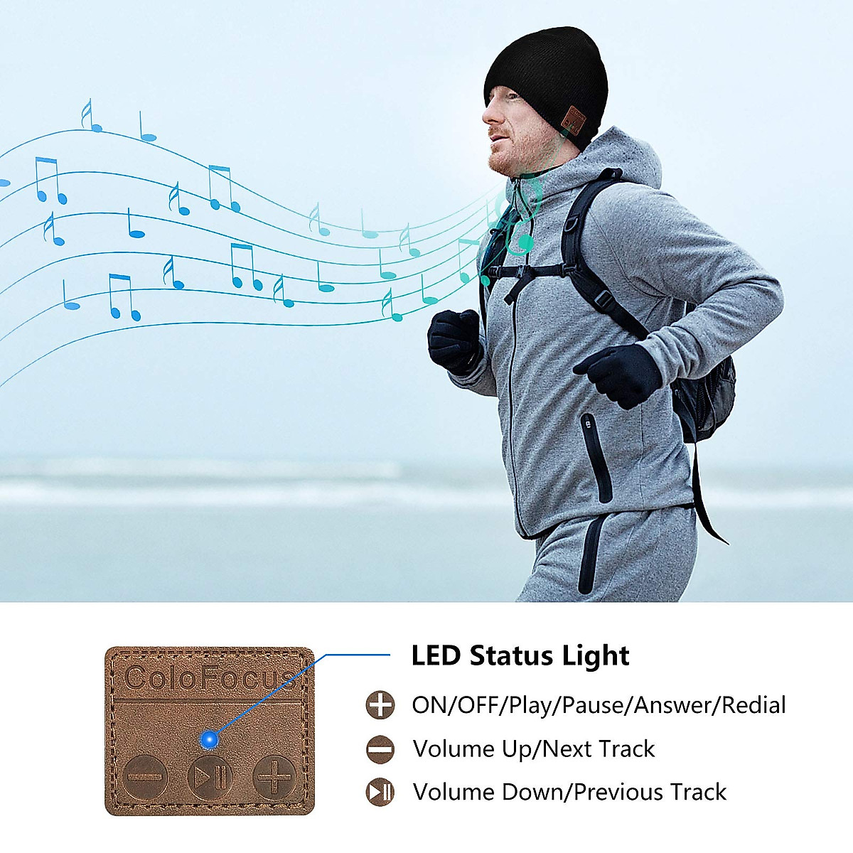 ColoFocus Bluetooth Beanie Hat for Men, Music Hat Men Hat Christmas Beanie Hat, Unique Winter Sports Gifts for Dad Men Husband Boys Black