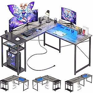Cyclysio L Shaped Desk with Power Outlets and USB Ports, Reversible L Shaped Gaming Computer Desk with LED Light, 83.5'' Large 2 Person Desk with Monitor Stand, L-Shaped Corner Desk, Grey and Black