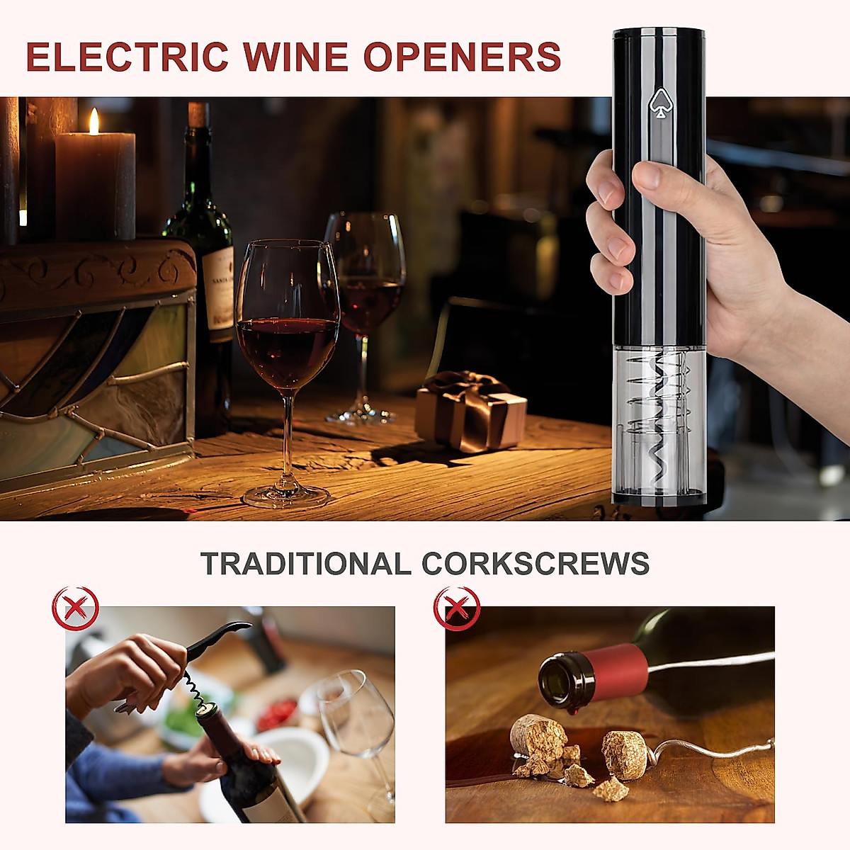 Electric Wine Bottle Opener, Wine Opener, Corkscrew with Foil Cutter, Auto Reusable Easy Carry Wine Opener, Batteries Powered