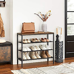 VASAGLE 4-Tier Shoe Rack, Freestanding Storage Organizer, Mesh Shelves, Space-Saving in the Entryway, Industrial, Rustic Brown + Black