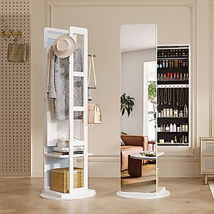 LVSOMT 360° Swivel Jewelry Armoire, Rotatable Full Length Mirror with Jewelry Storage, Standing Jewelry Cabinet with Coat Rack, White, Soild Wood