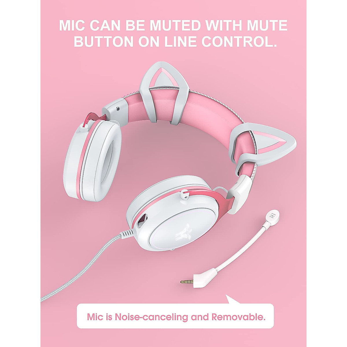 PHNIXGAM Cat Ear Gaming Cute Headset, Wired Over-Ear Headphones with Noise Cancelling Microphone, Surround Sound, LED Backlight for PS4, PS5, Xbox One(No Adapter), PC, Mobile Phone, White & Pink