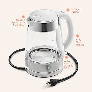 Speed-Boil Water Electric Kettle, 1.7L 1500W, Coffee & Tea Kettle Borosilicate Glass, Water Boiler, Auto Shut-Off, Cool Touch Handle, Base Detachable, LED. 360° Rotation, Boil Dry Protection (White)