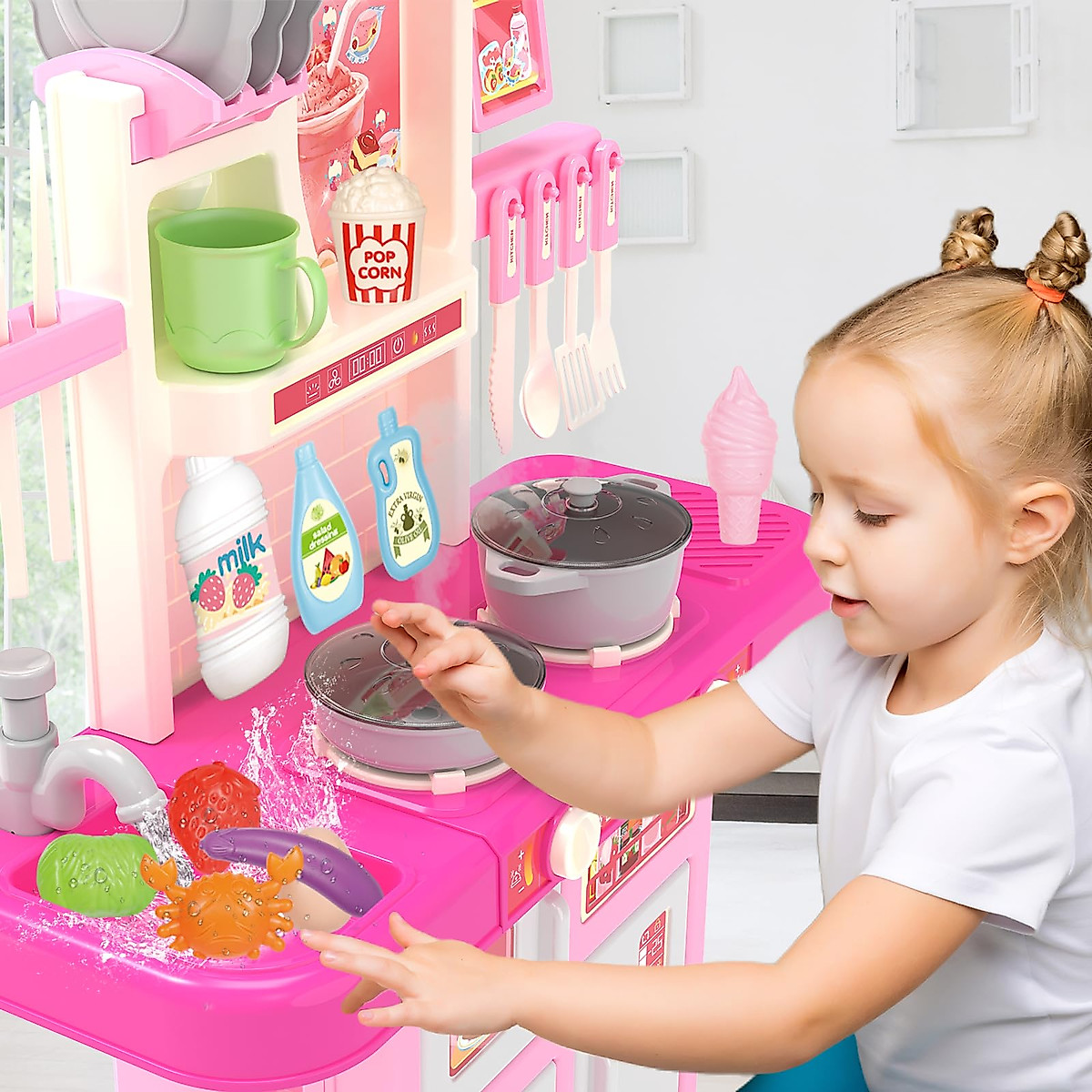 Play Kitchen Girls Toy, kids kitchen play set 3-5, 46Pcs toy kitchen Accessories for Boys and Girls, Kitchen Toys ages 4-8 with Realistic Lights & Sounds, Simulation of Spray and Play Sink