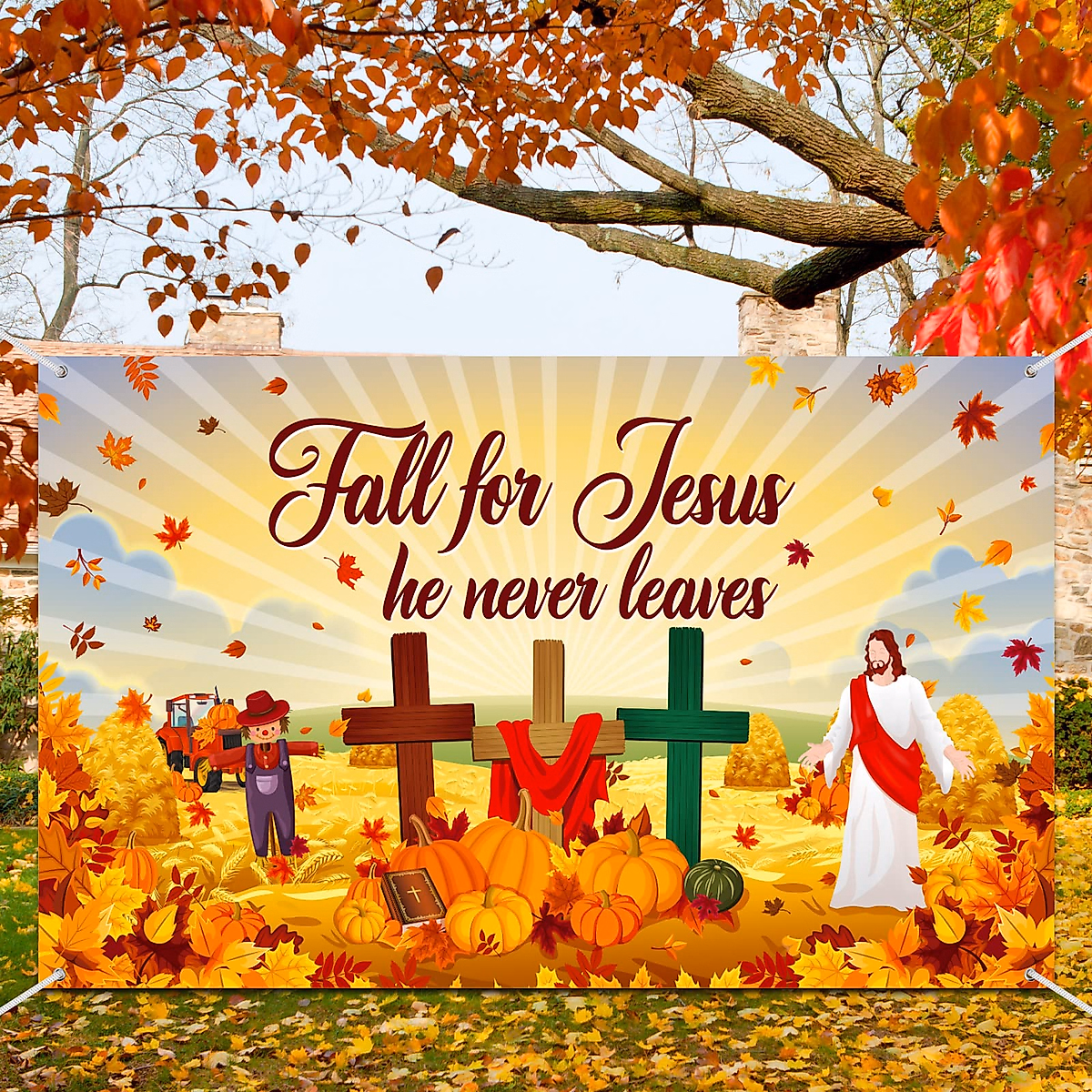 Fall for Jesus Backdrop Pumpkin Autumn Banner Maple Leaf Bible Decoration Christian Religion Polyester Background Thanksgiving Party Supplies Holiday Photo Booth Prop Indoor Outdoor