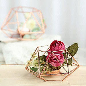 TABLECLOTHSFACTORY Set of 2 Rose Gold Metal Hexagon Top Geometrical Tealight Candle Holders Flower Vase - 4"|3"