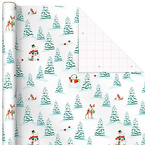 Hallmark Christmas Wrapping Paper with Cut Lines on Reverse (3 Rolls: 120 sq. ft. ttl) Woodland Storybook Critters, Deer, Snowmen, Mint Green and Teal Blue Plaid