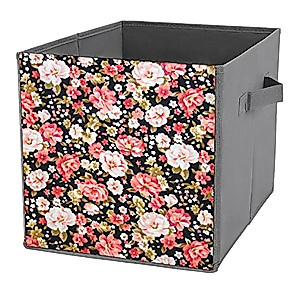 Red and Pink Floral PU Leather Collapsible Storage Bins Canvas Cube Organizer Basket with Handles