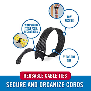 VELCRO Brand ONE-WRAP Cable Ties, 100Pk, 8 x 1/2" Black Cord Organization Straps, Thin Pre-Cut Design, Wire Management for Organizing Home, Office and Data Centers