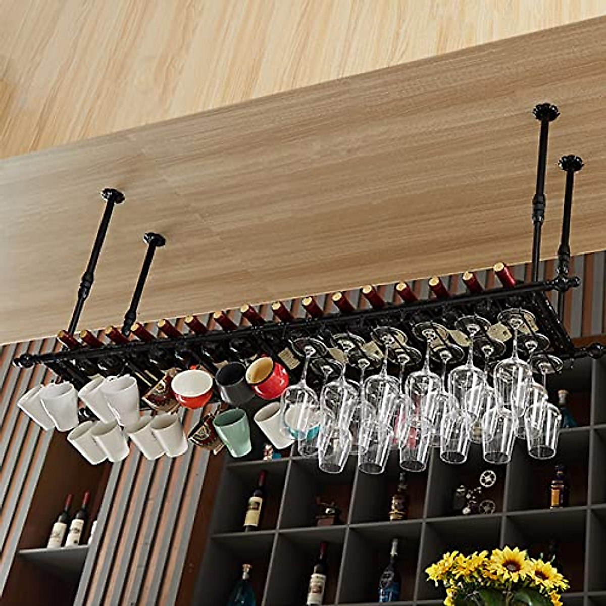 Ceiling Wine Rack, Black Hanging Cup and Glass Goblets Stemware Holder ，Red Wine Bottle Drink Storage Shelf， Bar Restaurant Decorative Display Organizer (Size : 60x30cm)