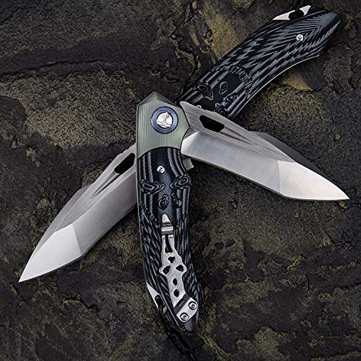 NEWOOTZ Skull Theme Folding Pocket Knife with Leather Sheath, Handmade Titanium Damascus Steel Decoration Handle,4in 58-60HRC Blade, EDC Cool Outdoor Tanto Point Knives for Men Women