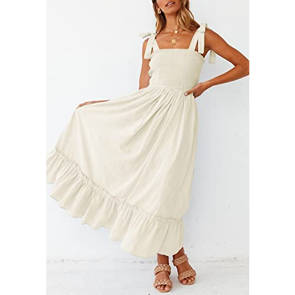 ZESICA Women's 2023 Summer Boho Spaghetti Strap Square Neck Solid Color Ruffle A Line Beach Long Maxi Dress,Apricot,Small