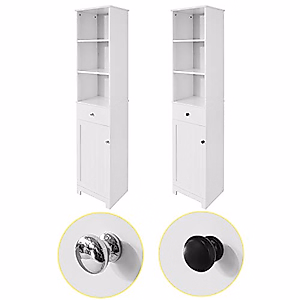 SoBuy Floor Standing Tall Bathroom Storage Cabinet with Shelves and Drawers, Linen Tower Bath Cabinet, Anti-Tipping Multifunctional Corner Unit, White BZR17-W