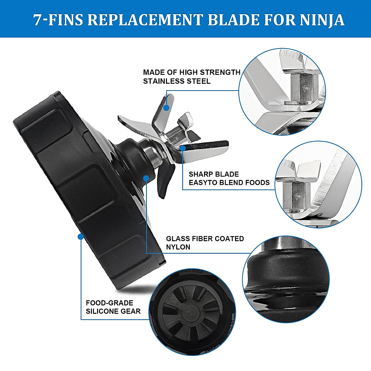 SS101 Blender Blade Replacement for Ninja, 7-Fins Blender Blade Compatible with Nutri Ninja Foodi Power Blender SS150,SS151,SS300, SS350,SS351, SS351TGT, CO351B, SS100, SS101, SS101C, CO101B