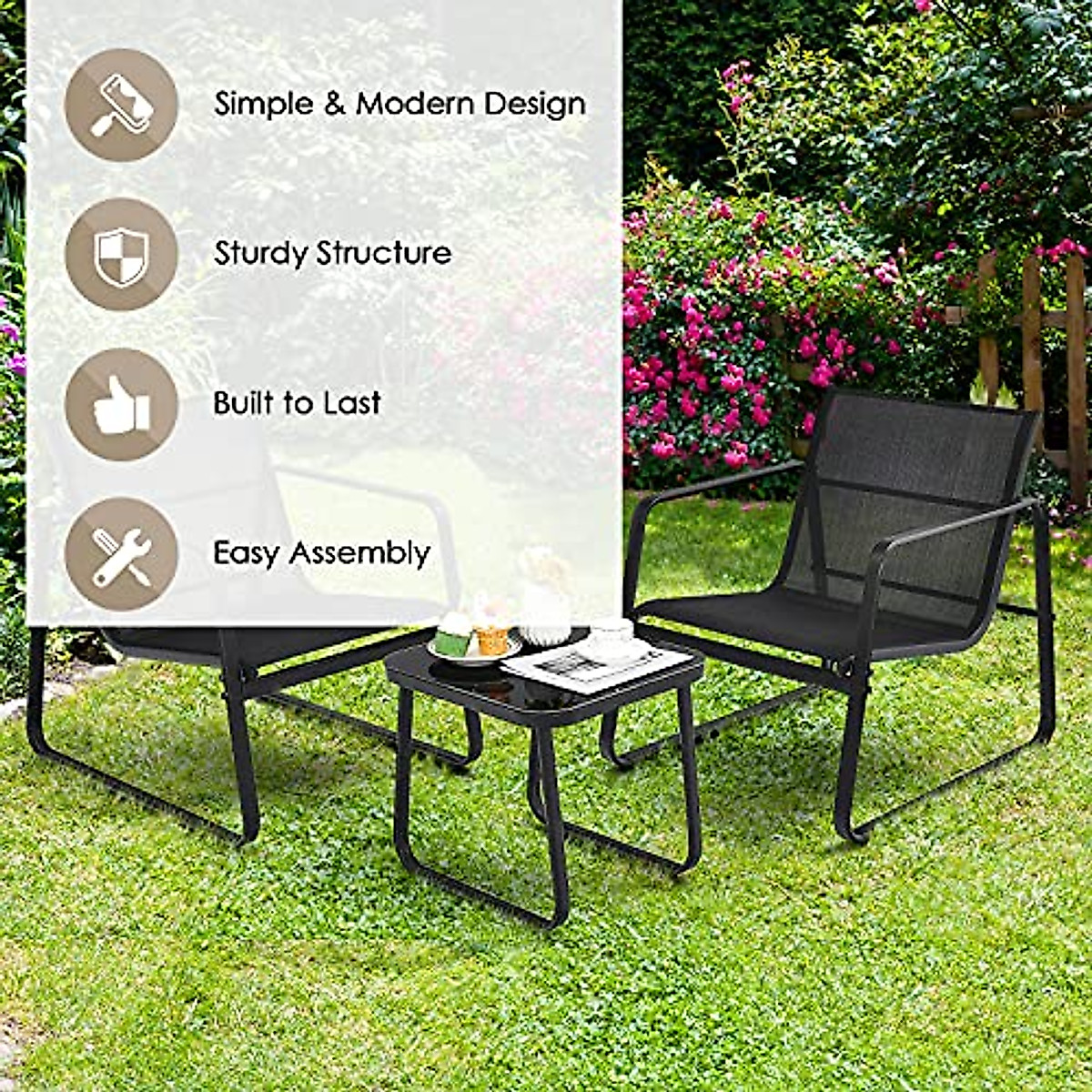 Tangkula 3 Pieces Outdoor Conversation Set, Patiojoy All-Weather Patio Furniture Set with Breathable Fabric and Steel Frame, Bistro Chat Set for Porch, Garden, Backyard (Black)