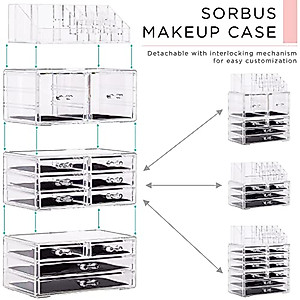 Sorbus Large Clear Makeup Organizer - Detachable Spacious Cosmetic Display Tower - Jewelry & Make Up Organizers & Storage Case - Acrylic Makeup Organizer for Vanity, Bathroom, Dresser & Countertop