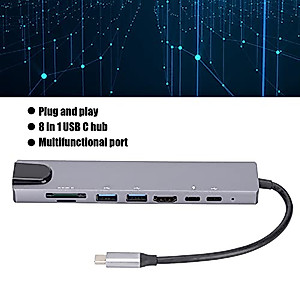 USB C Adapter, High Durability Plug and Play Wide Compatibility Multiport USB Hub 8 in 1 for Office for Home for Travel