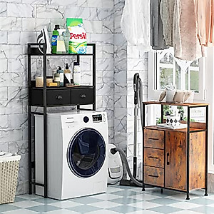 Furnulem Over The Toilet Storage with 2 Fabric Drawers, 3-Tier Tall Bathroom Storage Shelf, Stable Freestanding Above Toilet Stand, Space Saver Organizer Rack for Restroom, Laundry (Black)