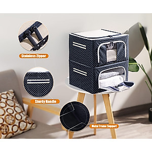 Furnhome Clothes Storage Organizer Bins, Foldable Storage Bins-Oxford Cloth Steel Frame Storage Box for Clothing Storage with Foldable Clear Window & Reinforced Handles (Navy Dots, 22L, 3PCS)…