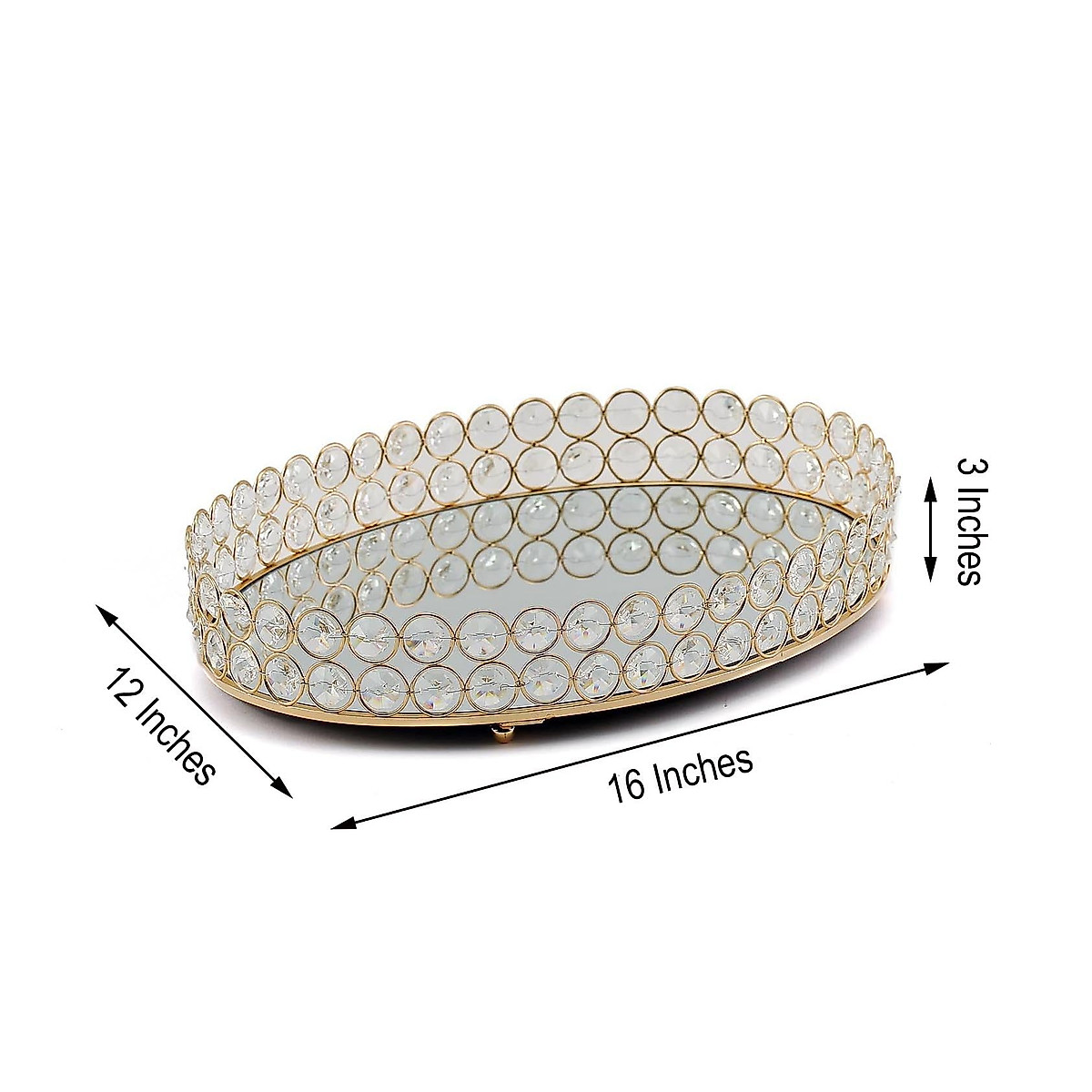 Efavormart 16" x 12" Gold Metal Crystal Beaded Decorative Serving Tray Oval Mirror Tray for Wedding Birthday Party