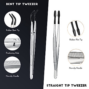 2 Pieces Tweezers with Rubber Tips Set PVC Rubber Coated Tips Bent and Straight Flat Tip Tweezers Stamp Coins Jewelry Hobby Crafts Industrial Electronic Tweezers Tools (Silver, Black)