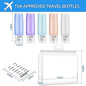 FUNAURORE Travel Bottles for Toiletries, 3 OZ Tsa Approved Travel Size Containers with Labels, Silicone Leak Proof BPA Free Squeezable Travel Essentials for Shampoo, Conditioner,Lotion (5 Pack)
