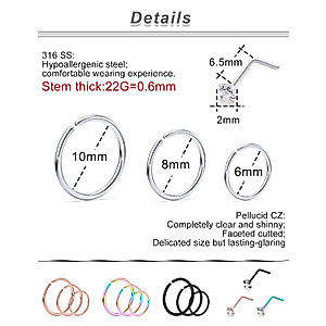 Ocptiy 22G Nose Ring for Nose Piercing Jewelry Nose Stud Women 22 Gauge Stainless Surgical Steel Thin Nose Ring Hoop L Shaped Bend Curved Nose Rings Stud Hoop Nose Piercings Jewelry for Women Men 2MM