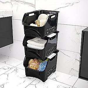 Morcte 3-Pack Black Plastic Stacking Organizer Basket, Plastic Stackable Storage Bins