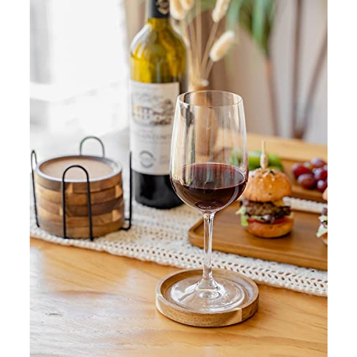 Wood Coasters for Drinks Absorbent with Holder, Acacia Wood Cork Coaster Rustic Coasters for Coffee Table Wooden Table Coasters for Farmhouse Desk, Set of 6