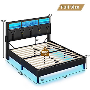 BTHFST Full Size Bed Frame with LED Lights & Charging Station, LED Bed Frame Full Size with Headboard Storage, Faux Leather Upholstered Bed with Shelf Headboard, No Box Spring Needed, Black PU